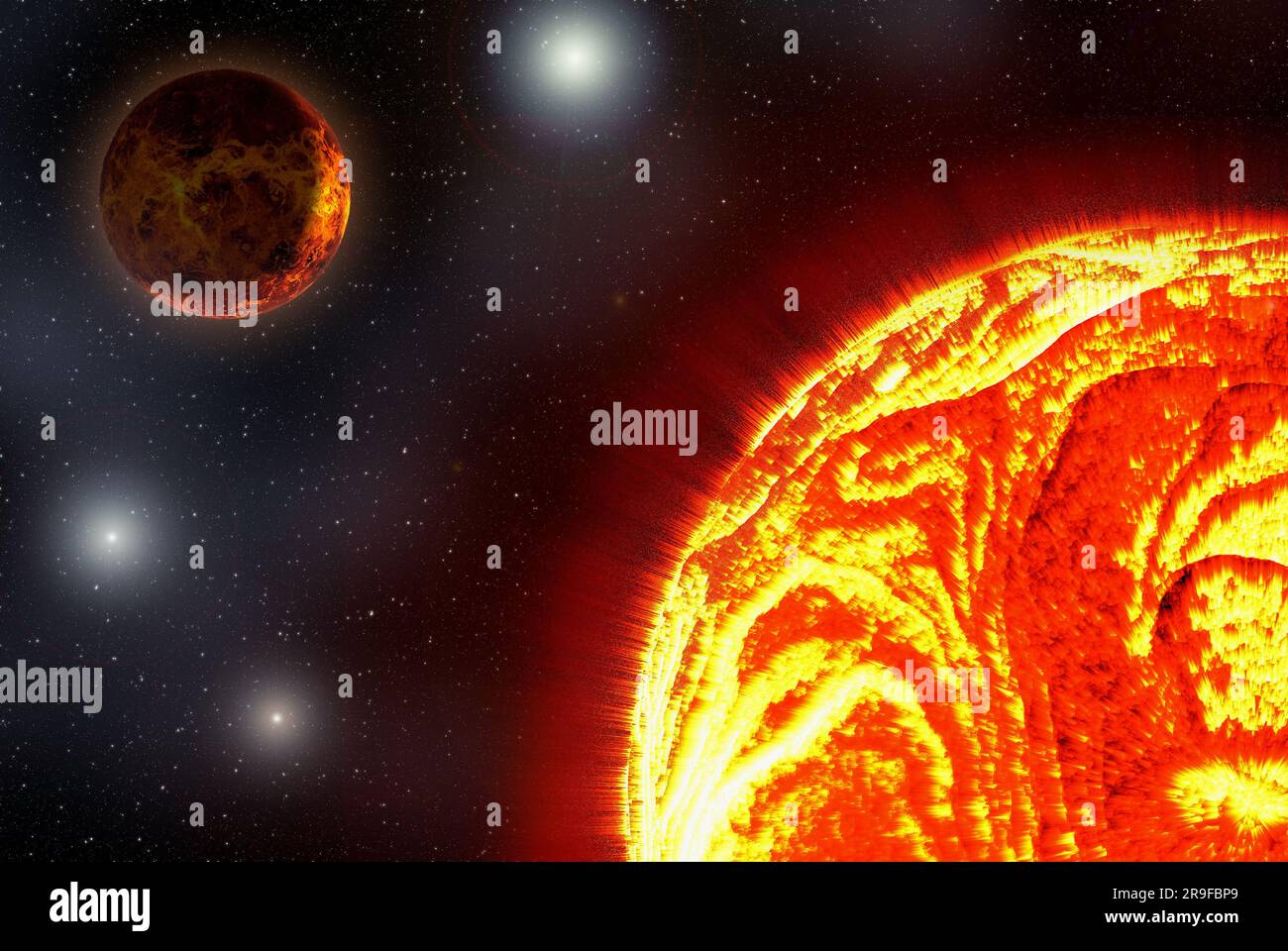 Star burning with fiery intensity and planet. Red, yellow and orange ...