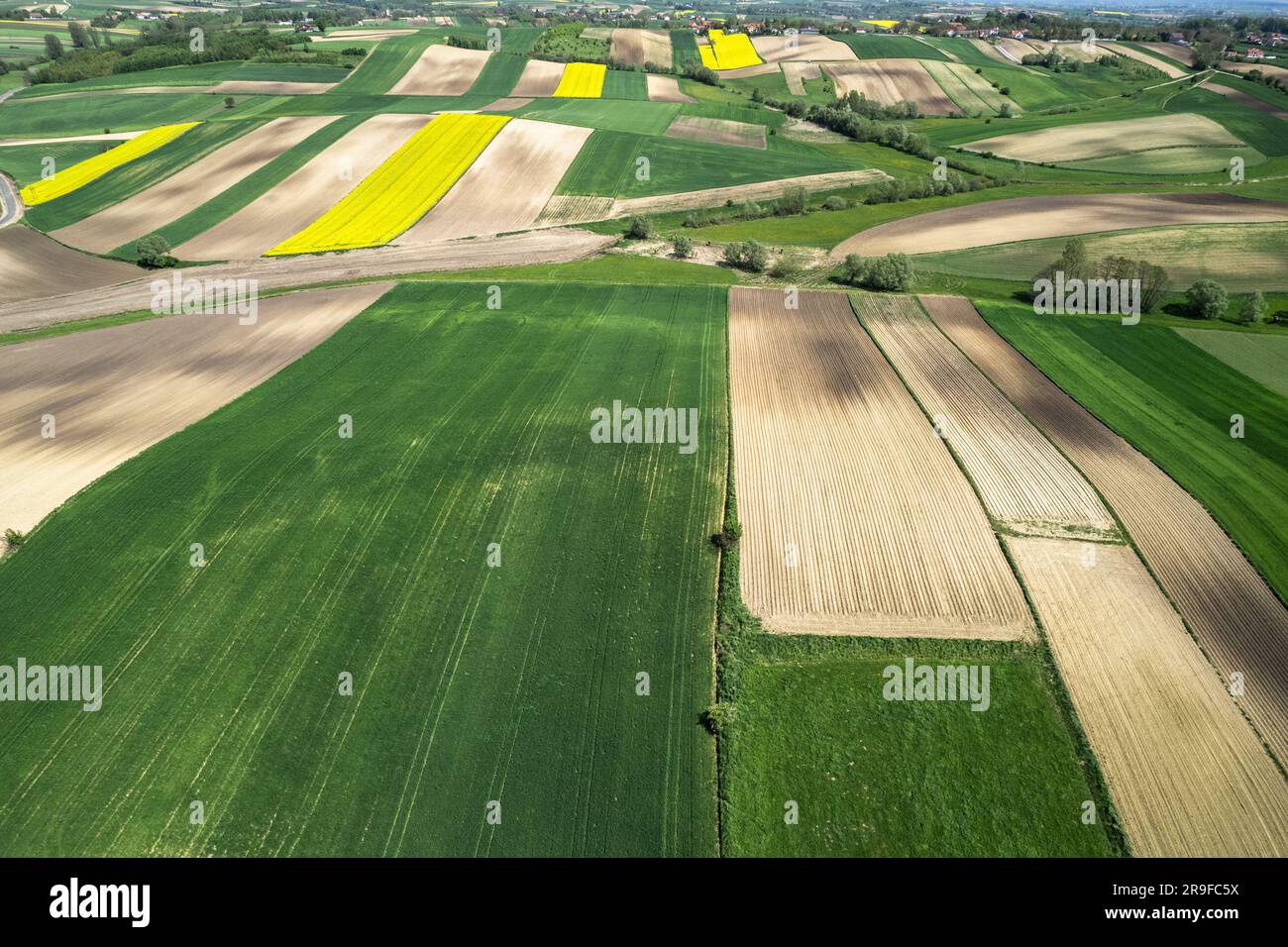 Colorful patterns in crop fields at farmland, aerial view, drone photo ...