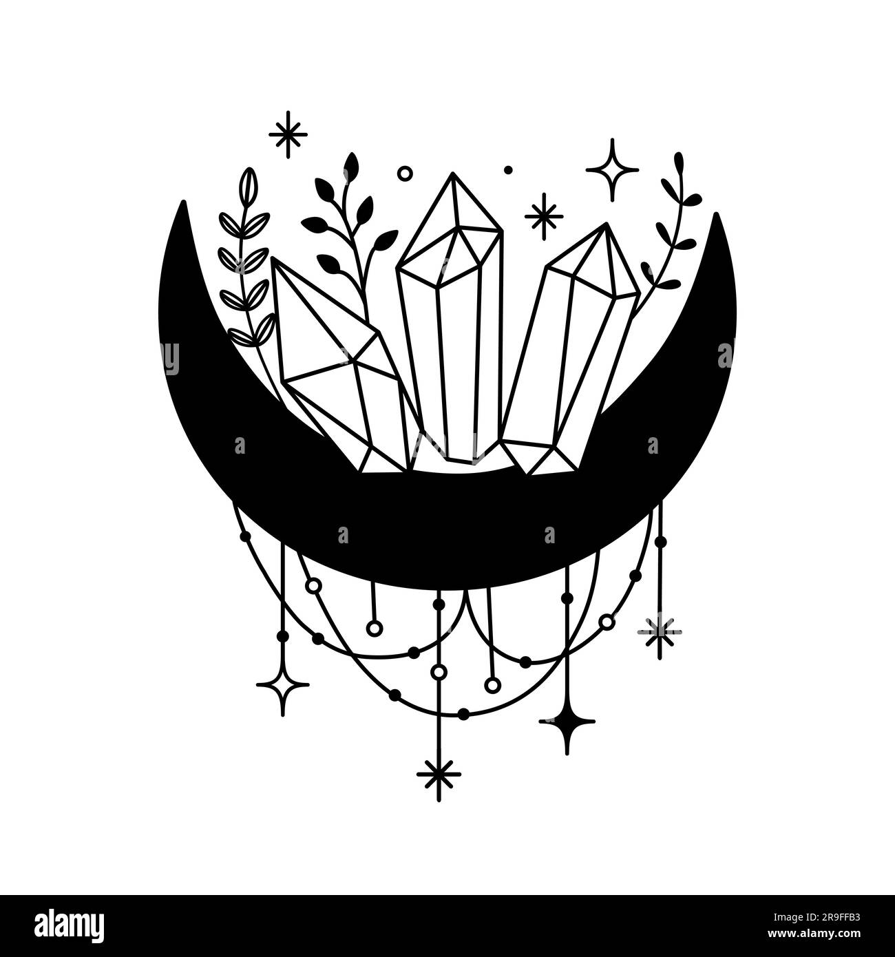 Vector illustration with mystical moon with crystals, plants and stars ...