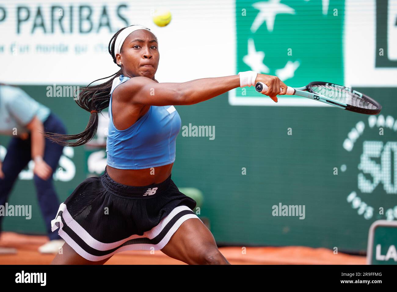 American tennis player Coco Gauff playing a backlhand during French Open 2023 at Roland Garros ...