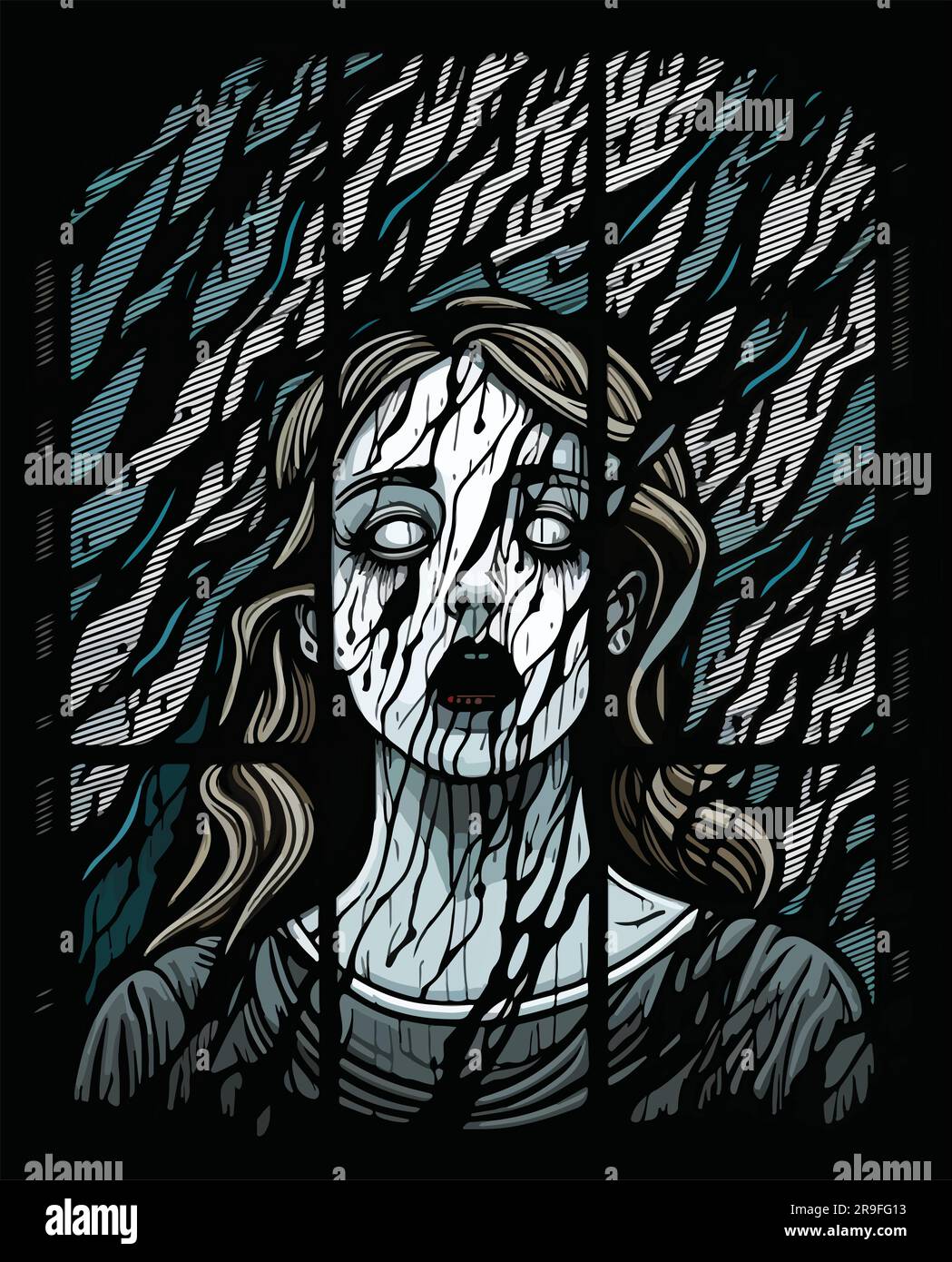 Vector of the concept of existential horror, screaming woman with blank ...