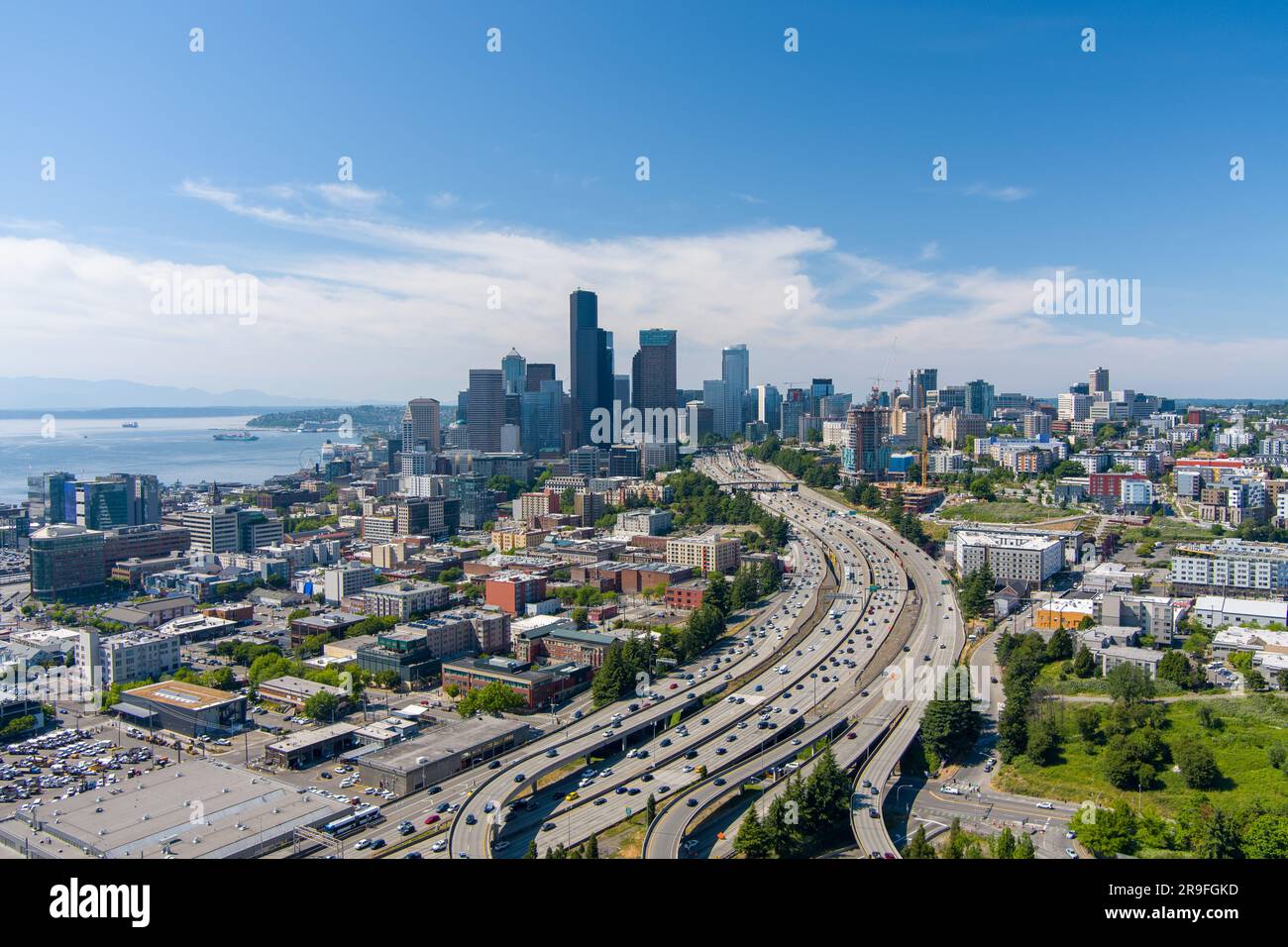 Drone photography of the Seattle, Washington downtown skyline in June ...