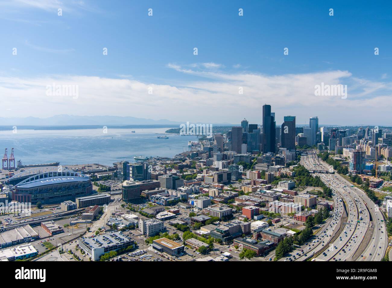 Drone photography of the Seattle, Washington downtown skyline in June ...