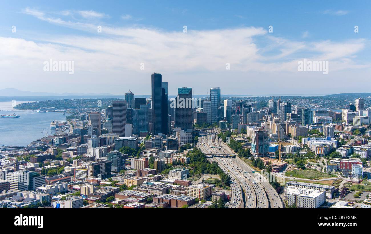 Drone photography of the Seattle, Washington downtown skyline in June ...