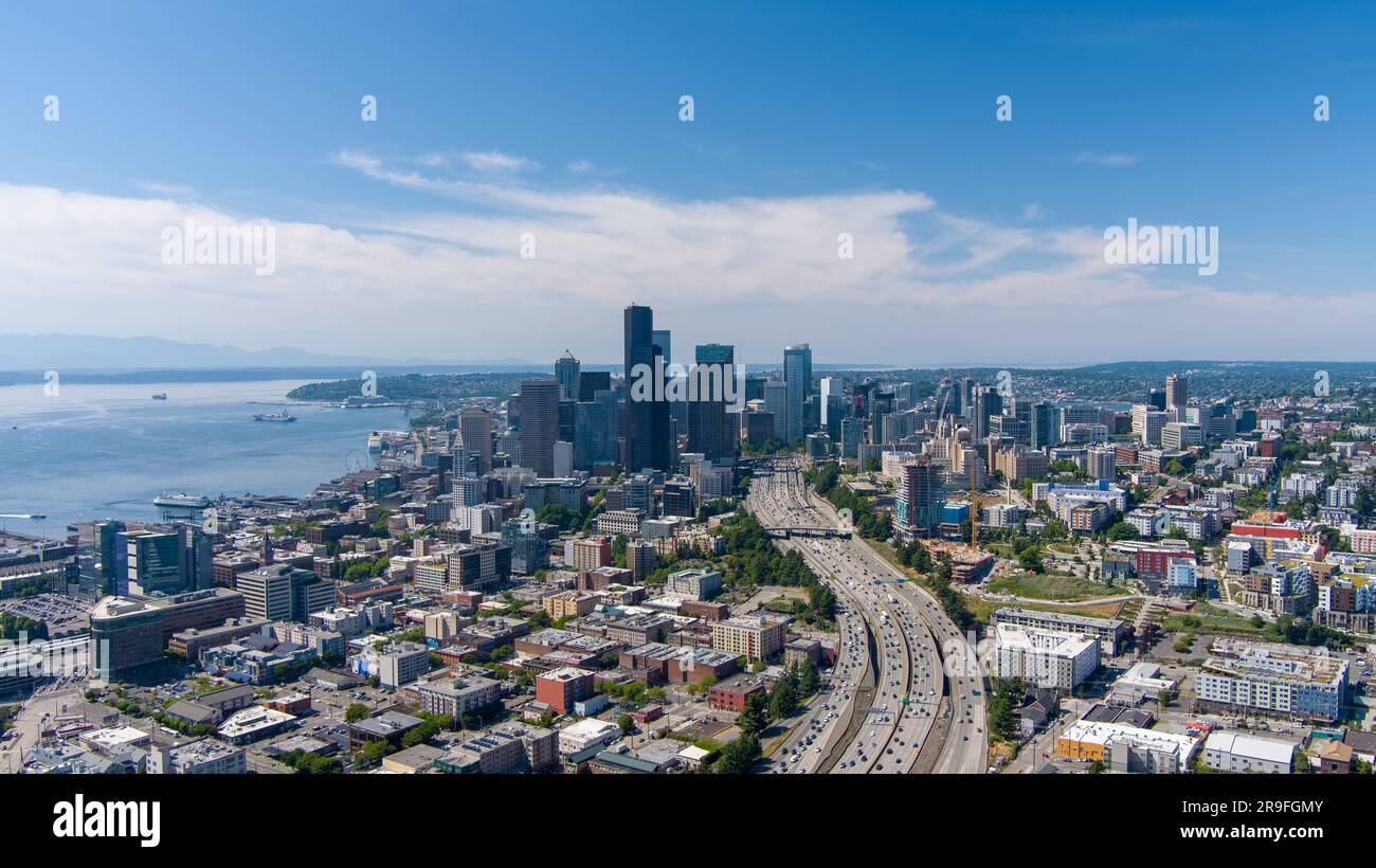 Drone photography of the Seattle, Washington downtown skyline in June ...