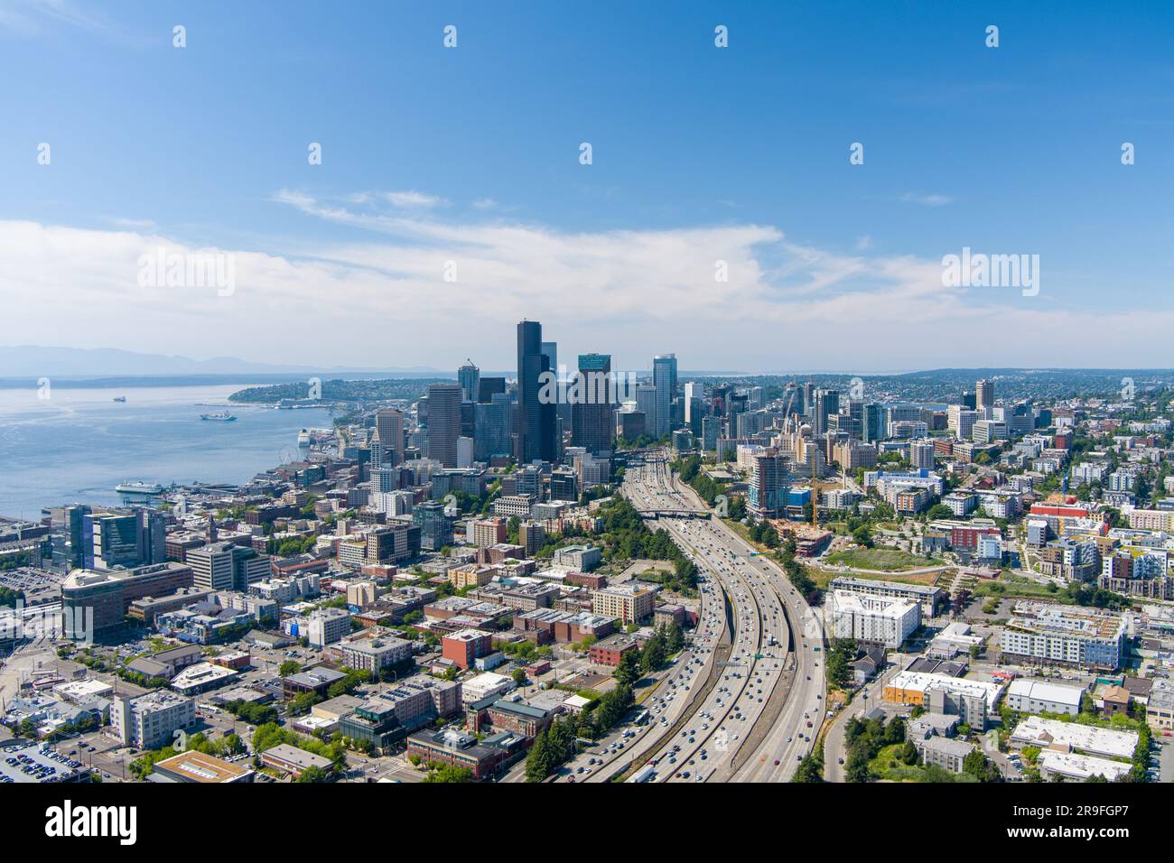 Drone photography of the Seattle, Washington downtown skyline in June ...