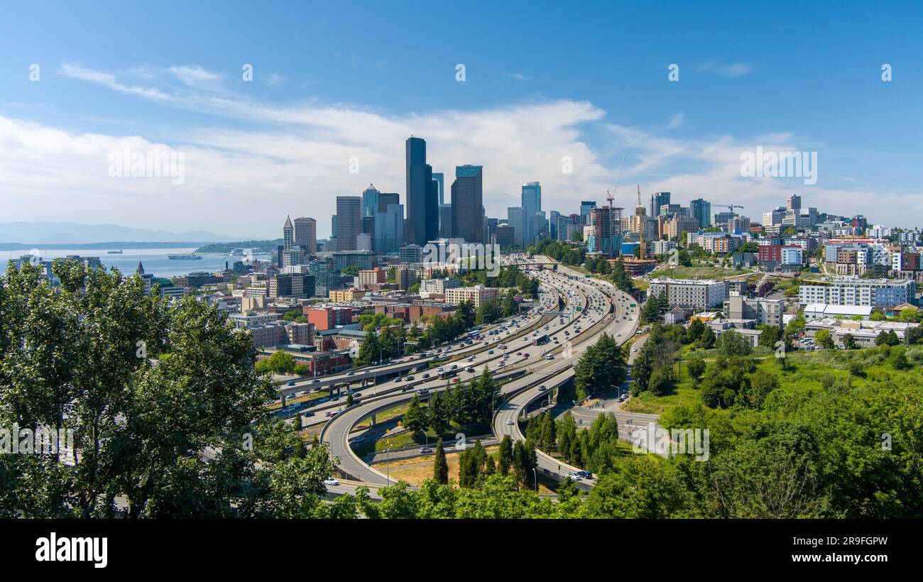 Drone photography of the Seattle, Washington downtown skyline in June ...