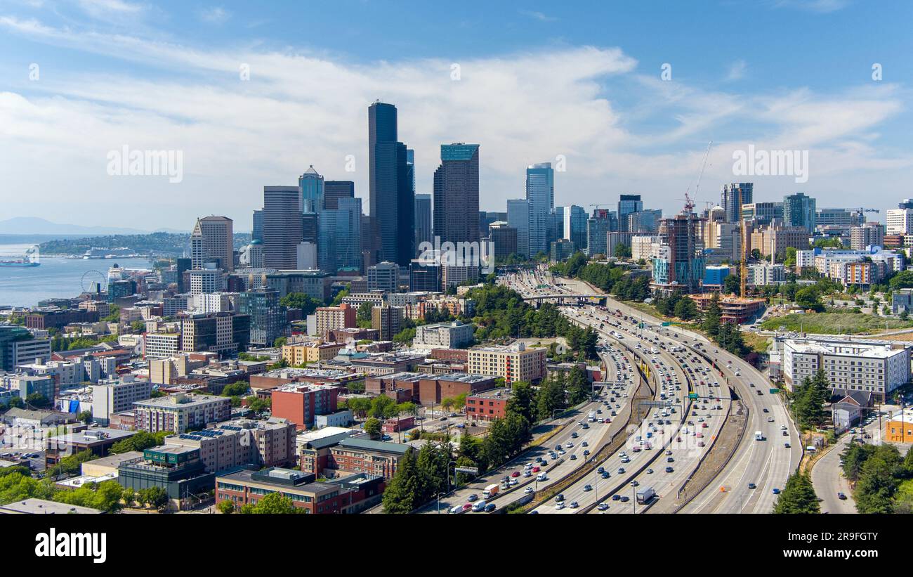Drone photography of the Seattle, Washington downtown skyline in June ...