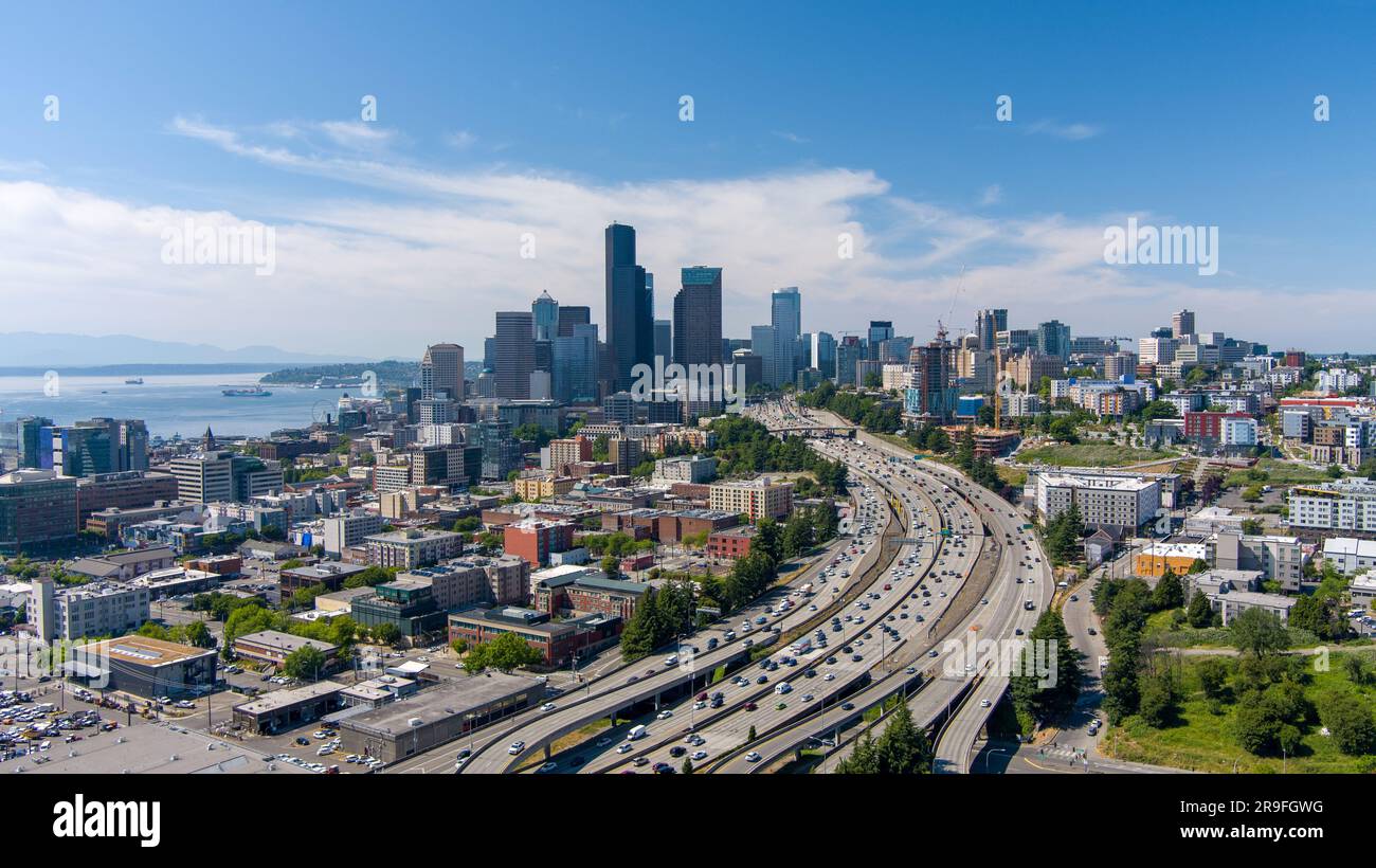 Drone photography of the Seattle, Washington downtown skyline in June ...