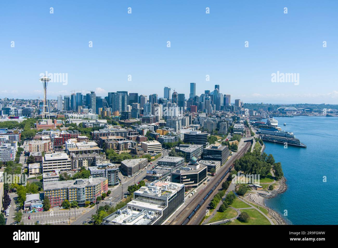 Drone photography of the Seattle, Washington waterfront skyline in June ...