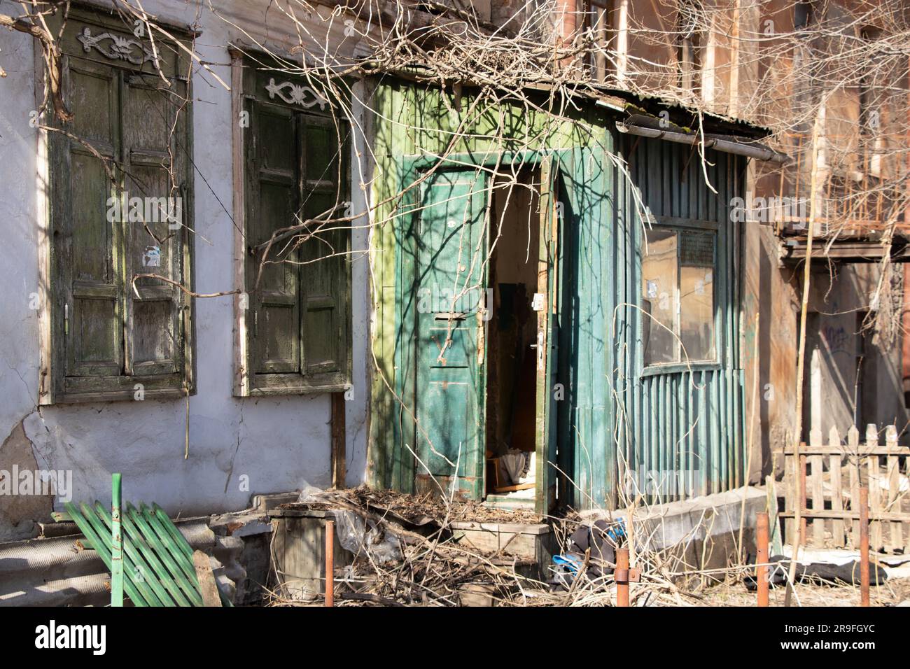 old abandoned house with windows in the center of Dnipro city in ...