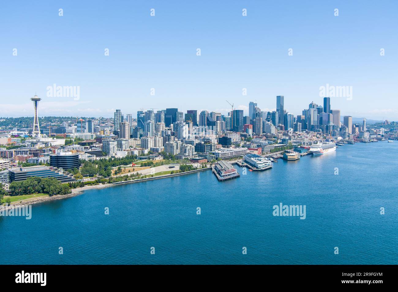 Drone photography of the Seattle, Washington waterfront skyline in June ...