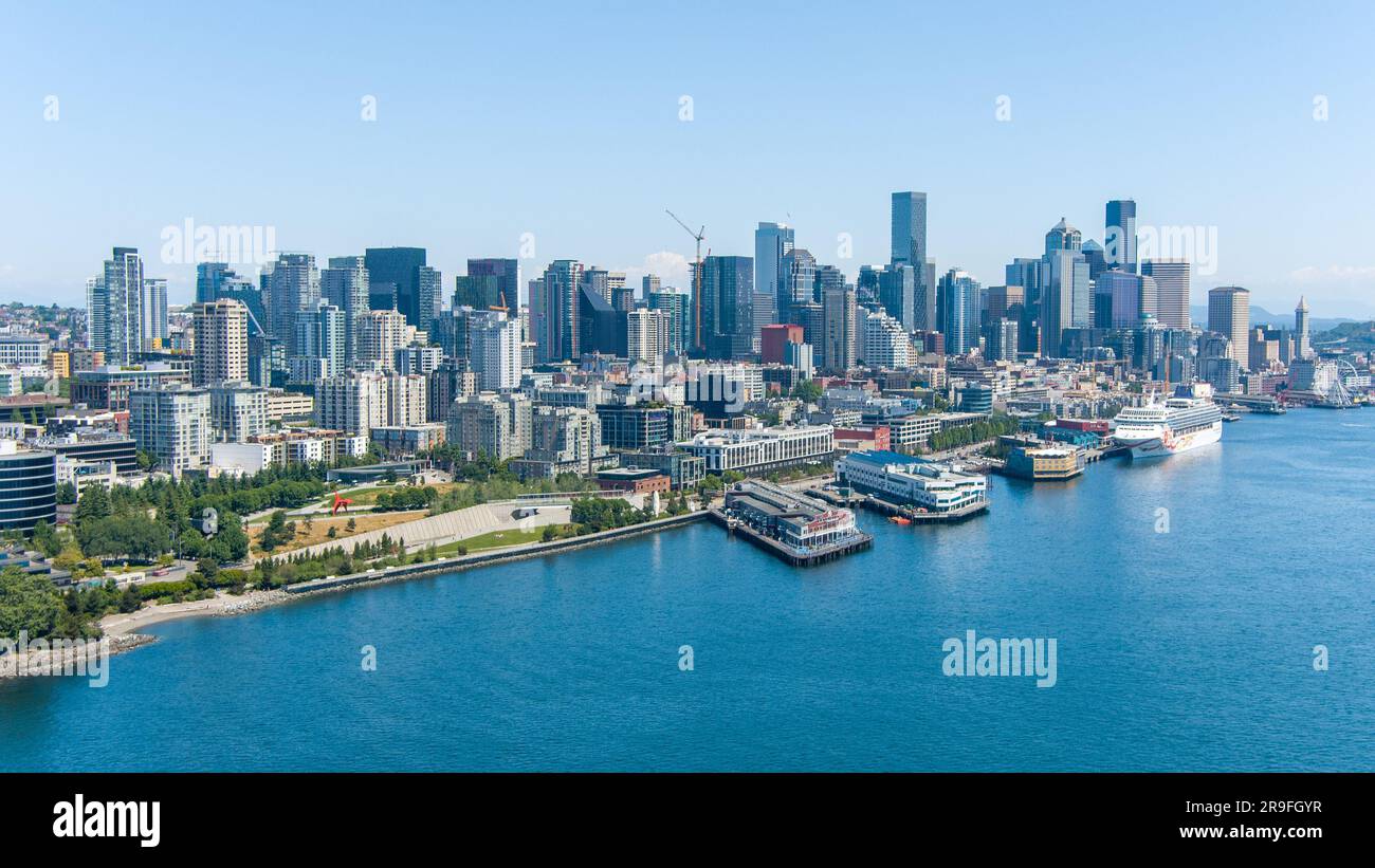 Drone photography of the Seattle, Washington waterfront skyline in June ...