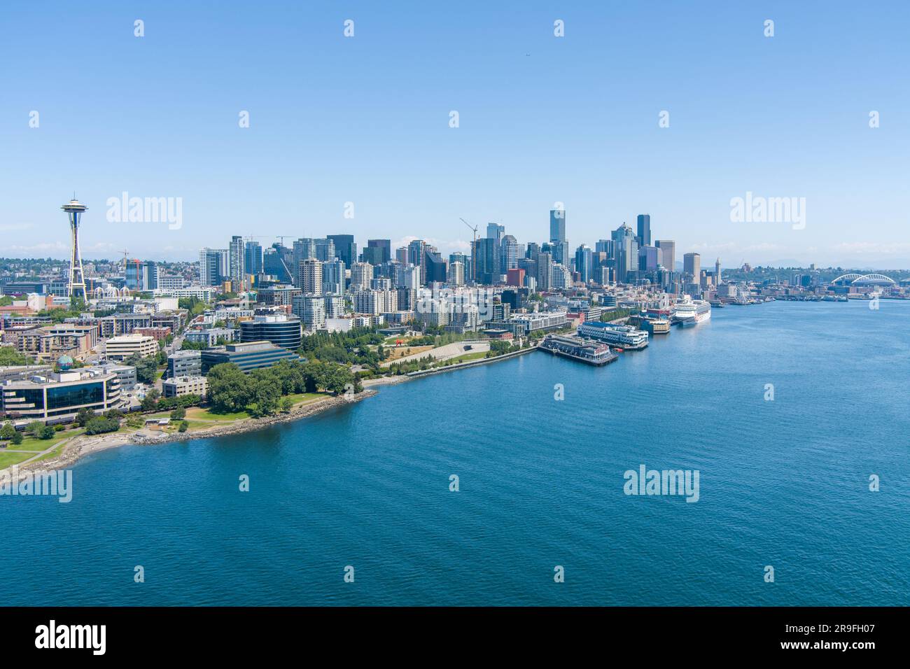 Drone photography of the Seattle, Washington waterfront skyline in June ...
