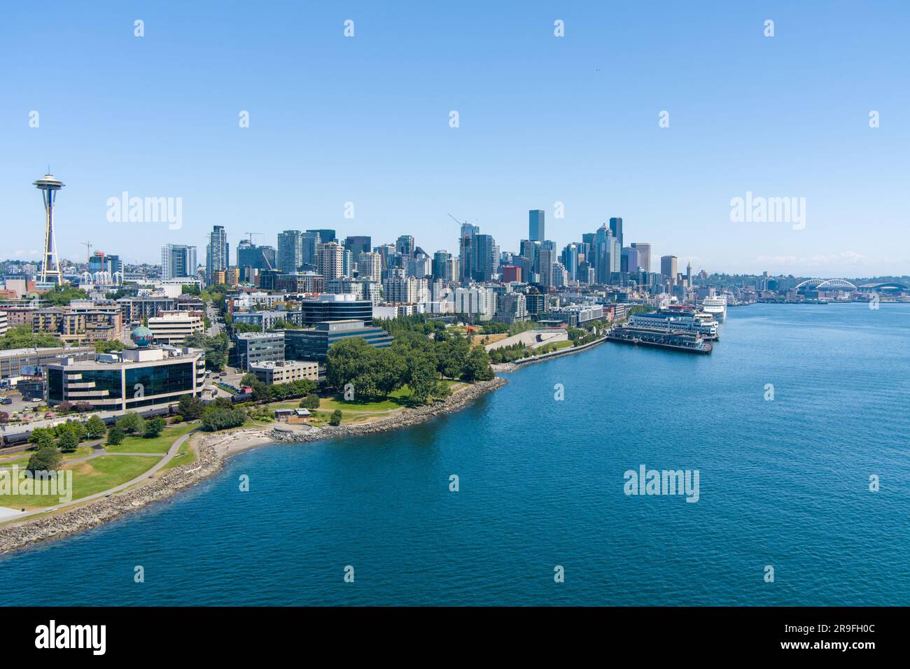 Drone photography of the Seattle, Washington waterfront skyline in June ...