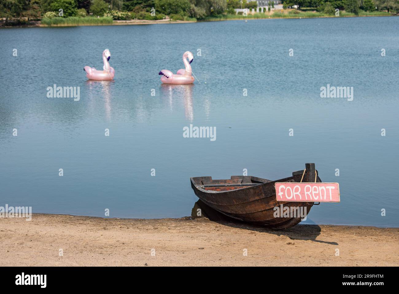 Inflatable pink ride-on pool toys and rental wooden rowing boat at ...