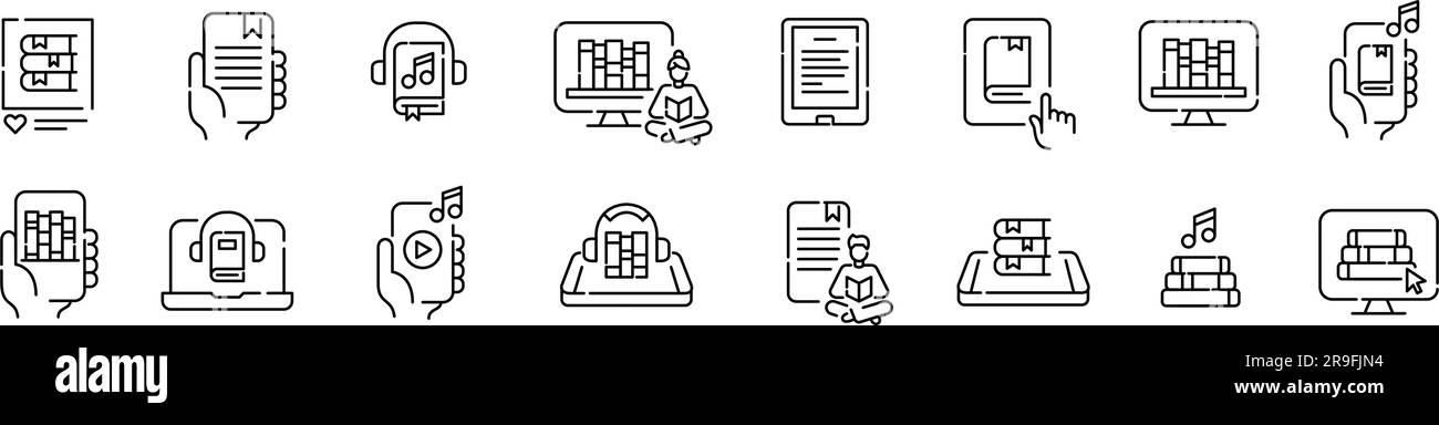 Set of electronic library related icons. Reading and listening to e ...
