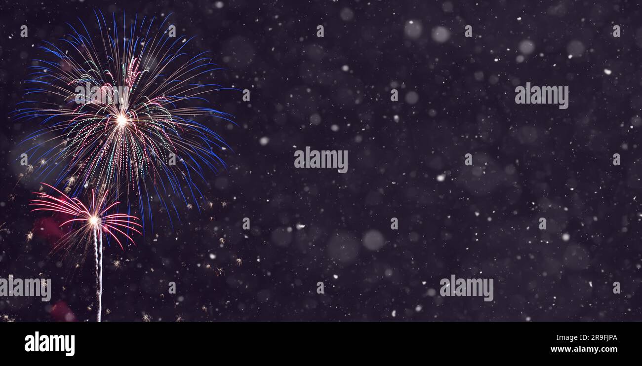 Fireworks on abstract snowy background, party concept with advertising ...