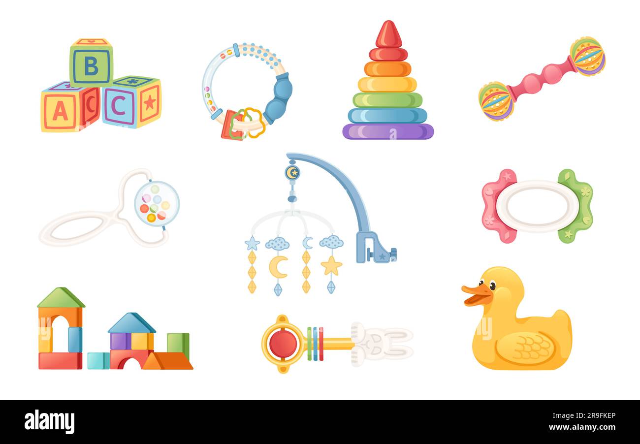 Collection of bright soft baby toys including rattle toy, pyramid ...