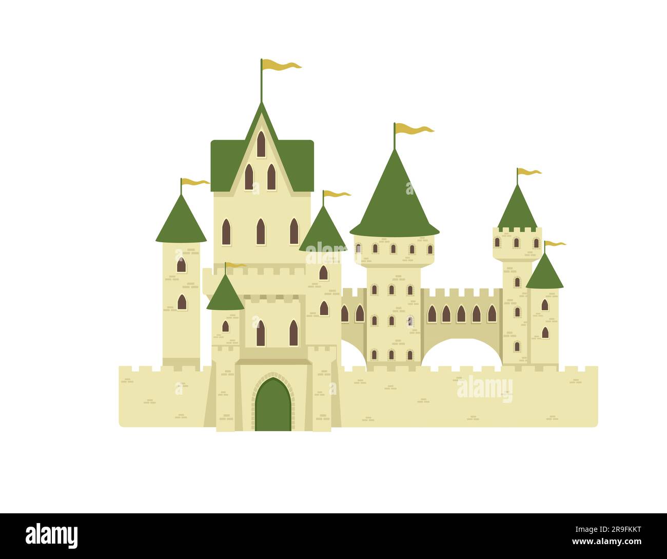 Fantasy medieval stone castle with towers gate and flags green color ...