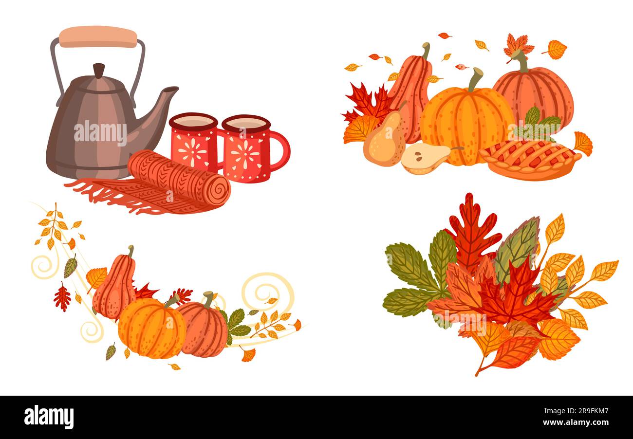 Set of autumn theme objects vector illustration isolated on white ...