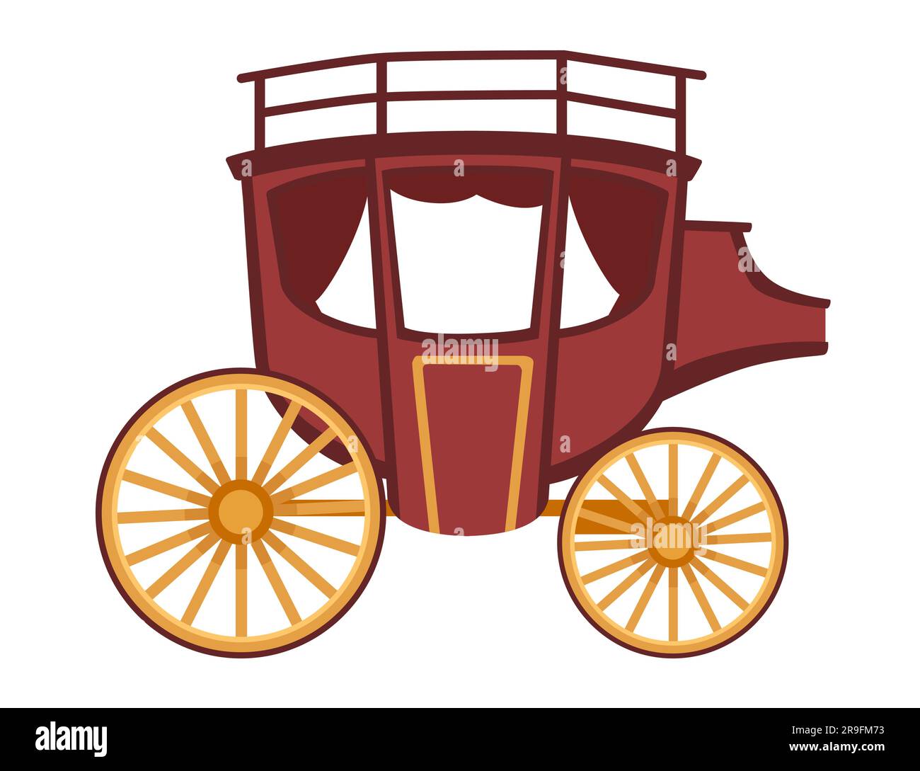 Retro wedding or royal wooden carriage on wheels red color chariot with ...