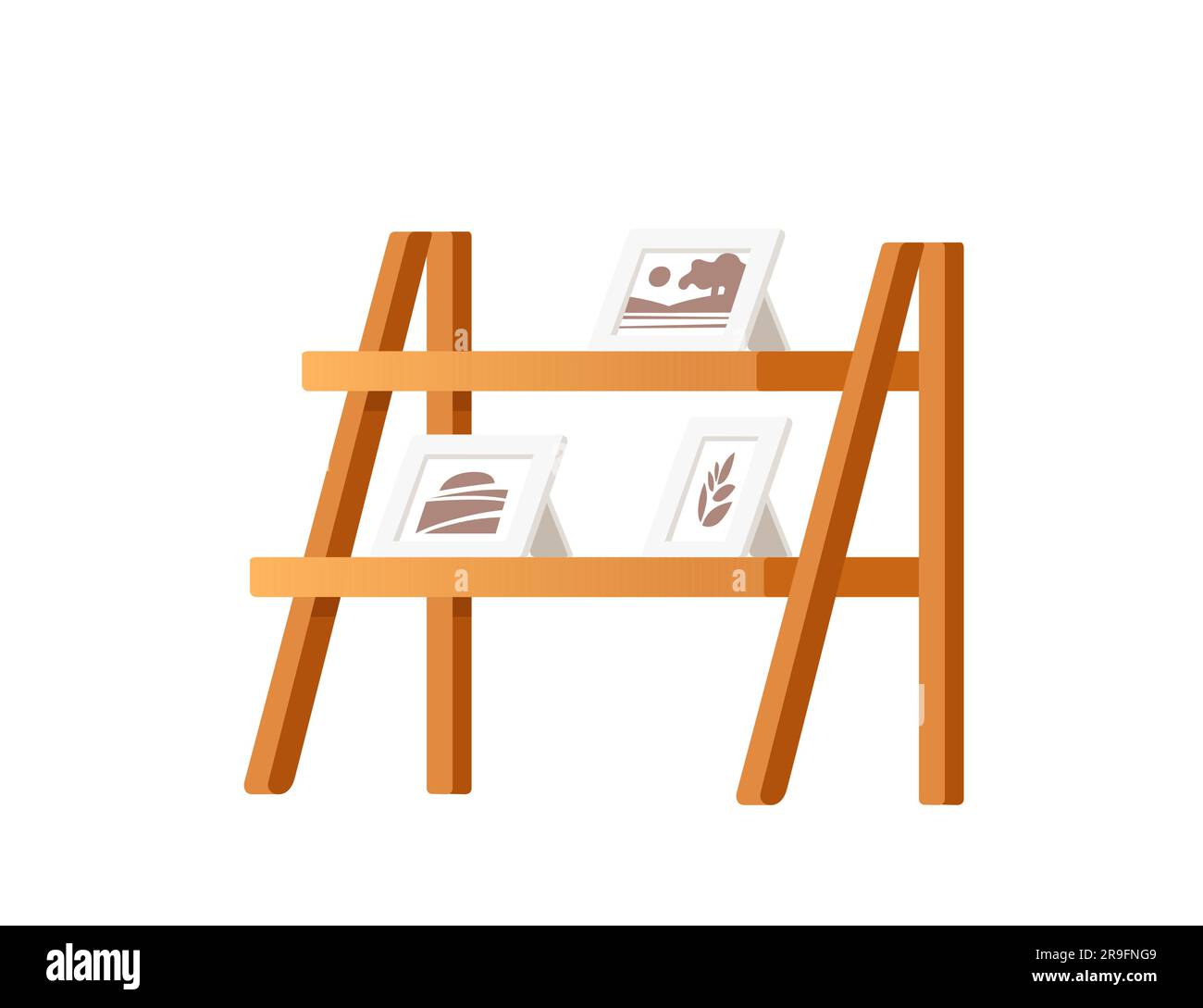 Wooden stand shelf with picture frames vector illustration isolated on ...