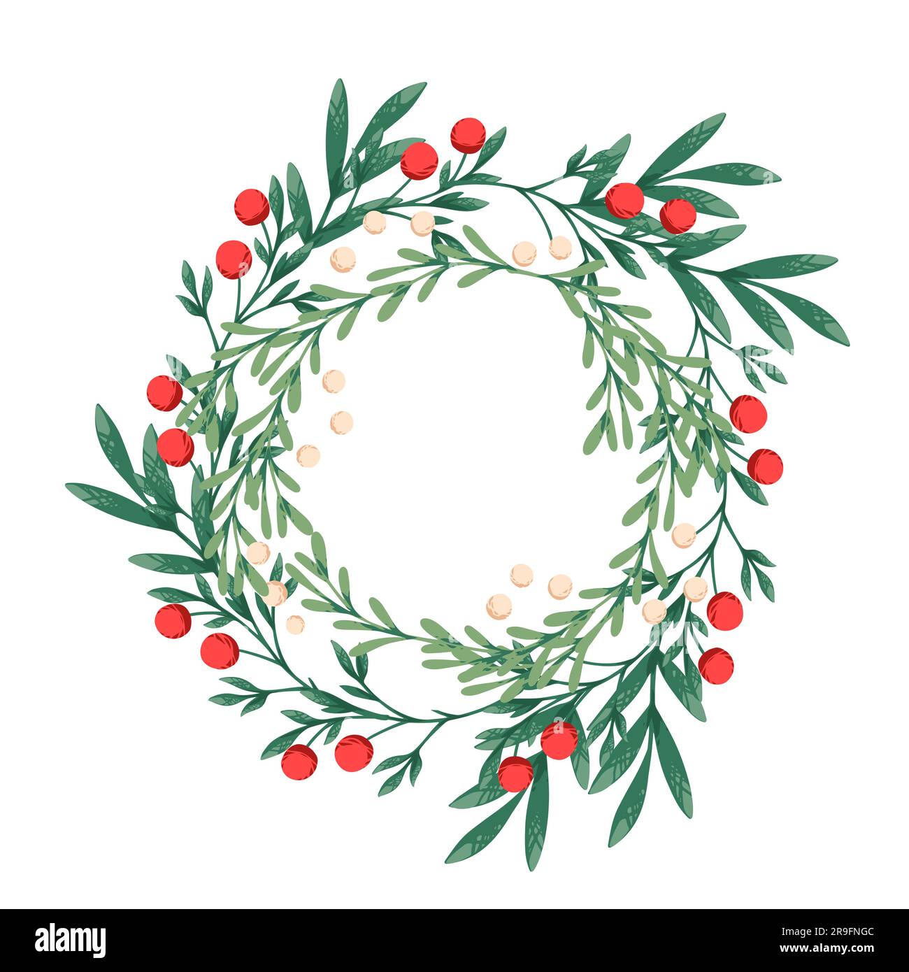 Merry Christmas wreath mistletoe with red berries vector illustration ...