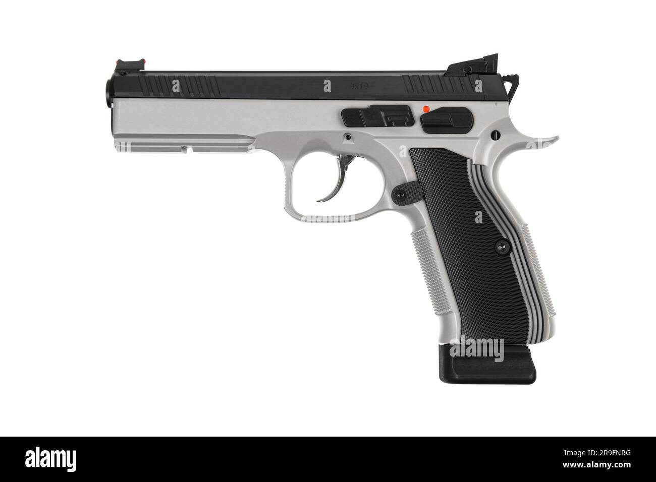 Modern silver semi-automatic pistol. A short-barreled weapon for self ...