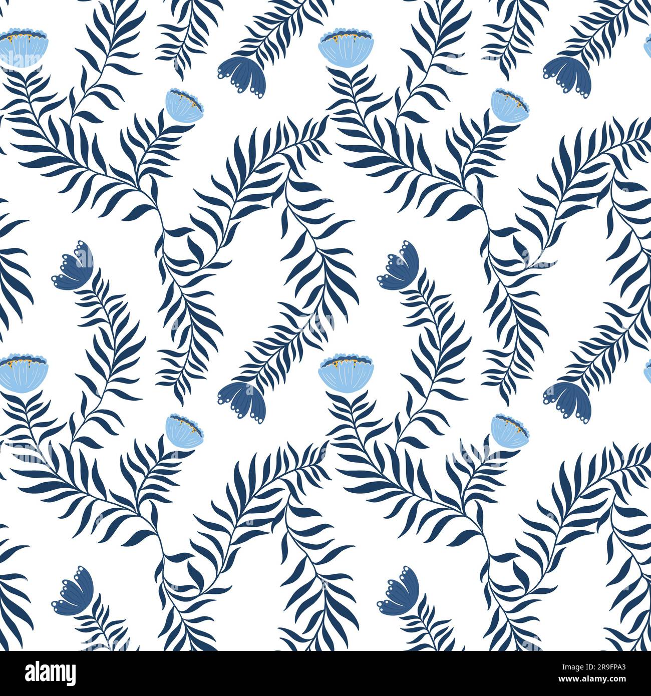 Seamless hand illustrated indigo floral pattern with indigo leaves and ...