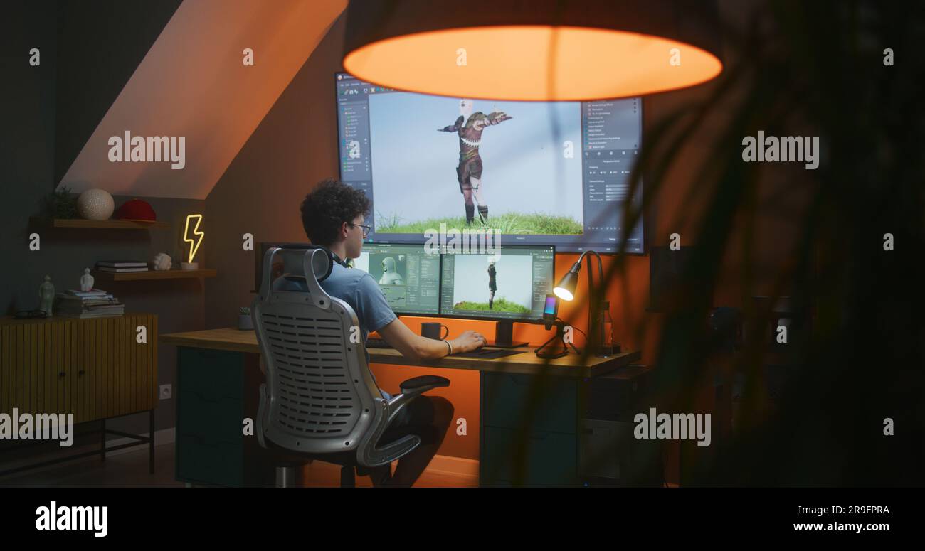 Young 3D designer creates animation for video game character, works ...