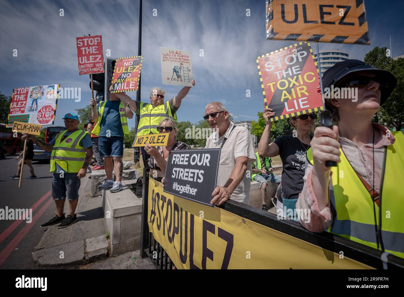 London, UK. 25th June 2023. No to Ulez. Protesters gather at Marble ...