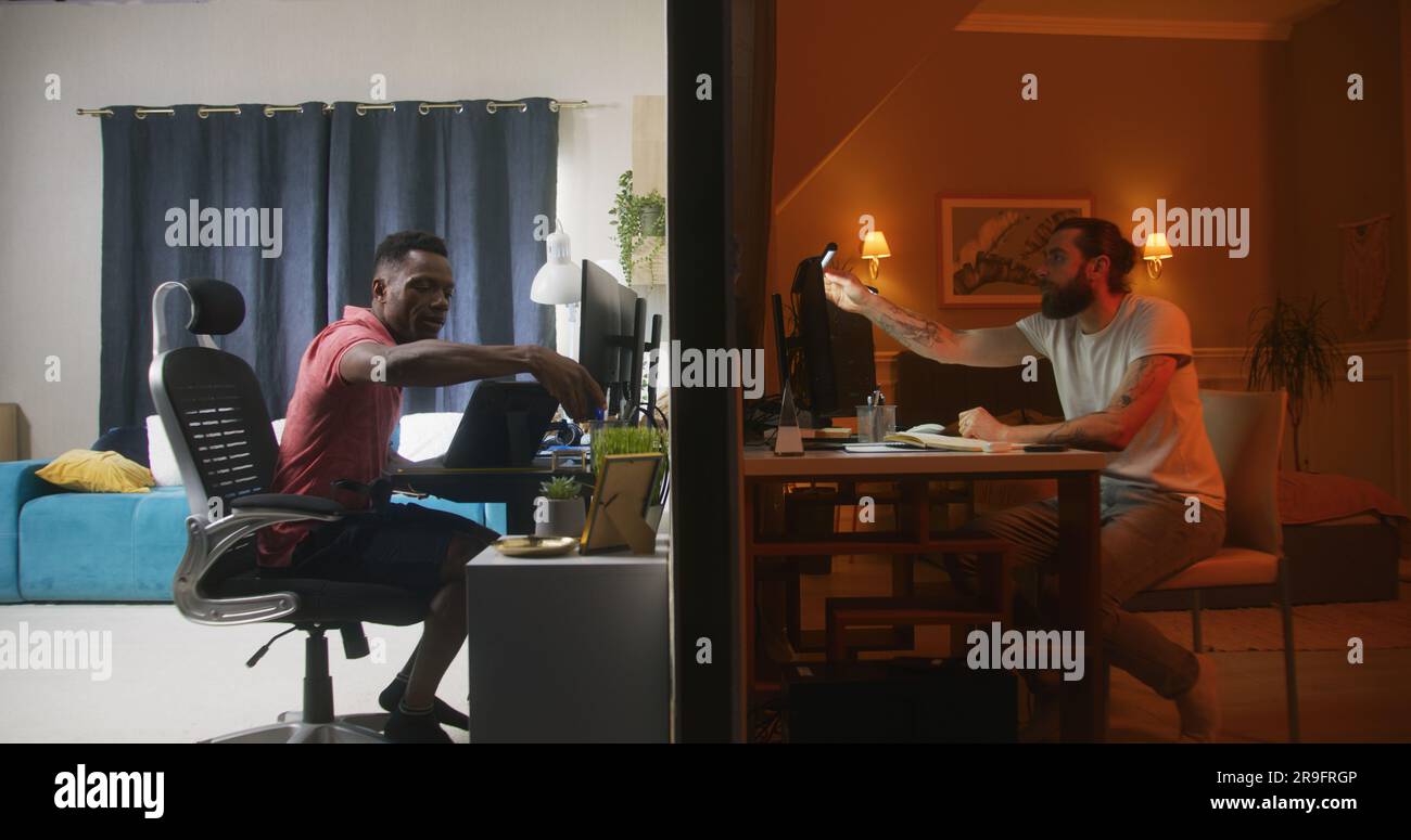 Two multiracial men sit in front of computers in bedrooms, talk via ...