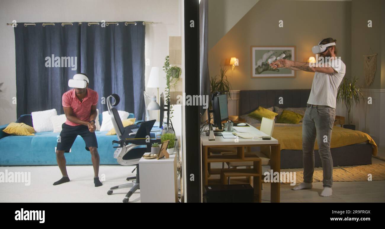 Multiracial men, neighbours in VR headsets play augmented reality video ...