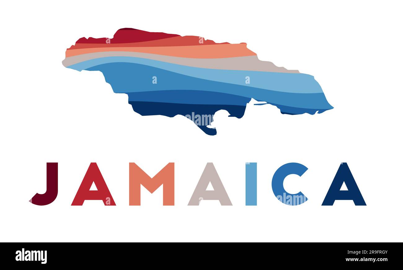 Jamaica map. Map of the country with beautiful geometric waves in red and blue colors. Vivid ...