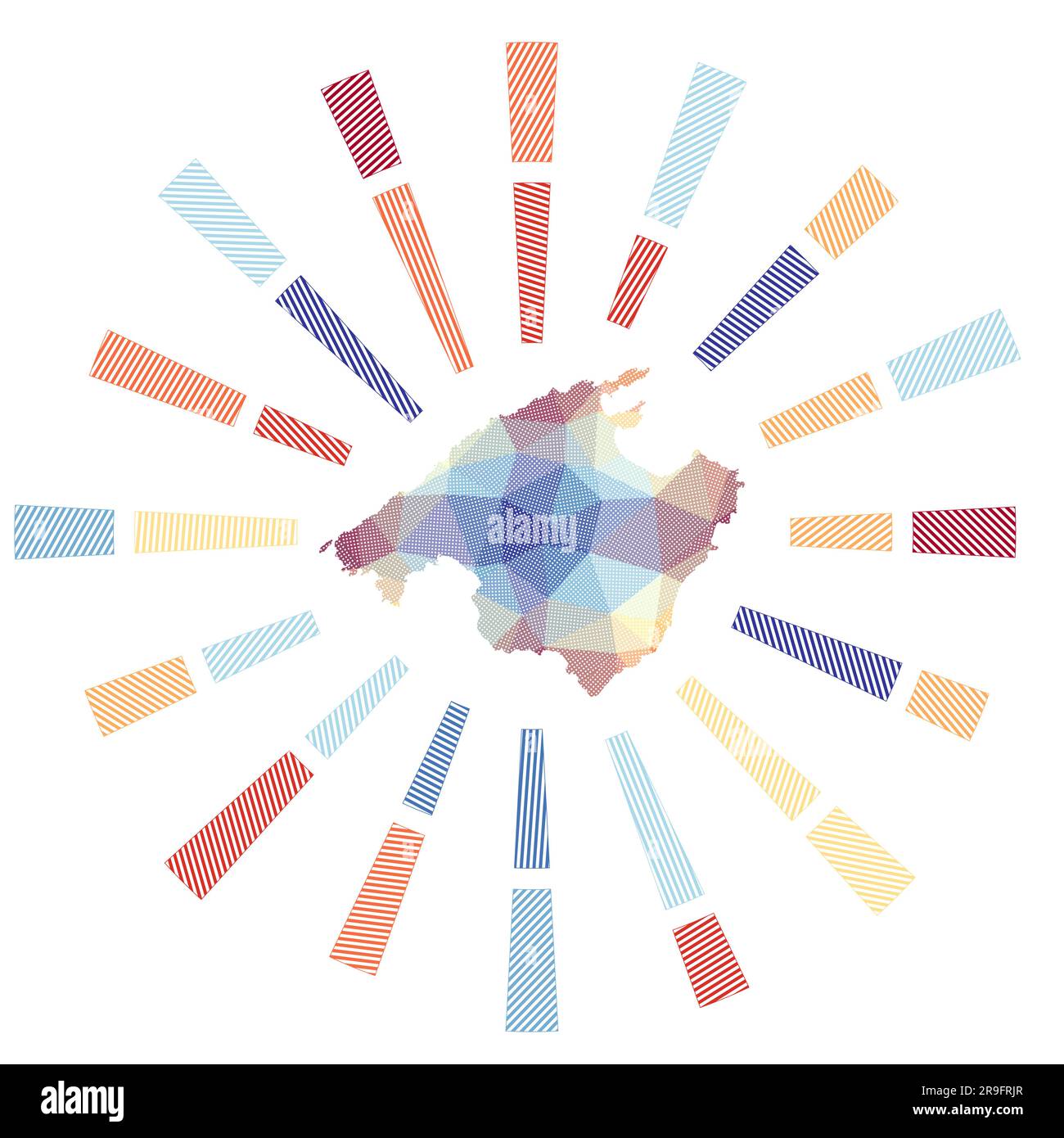 Majorca sunburst. Low poly striped rays and map of the island. Awesome ...