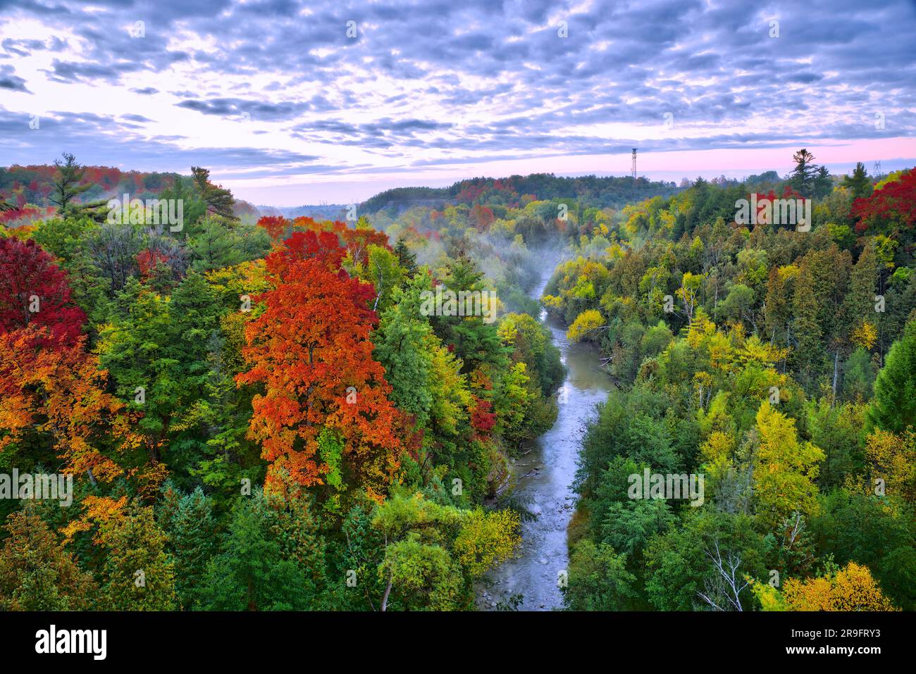 Bird's eye view of the river valley before sunrise Stock Photo - Alamy