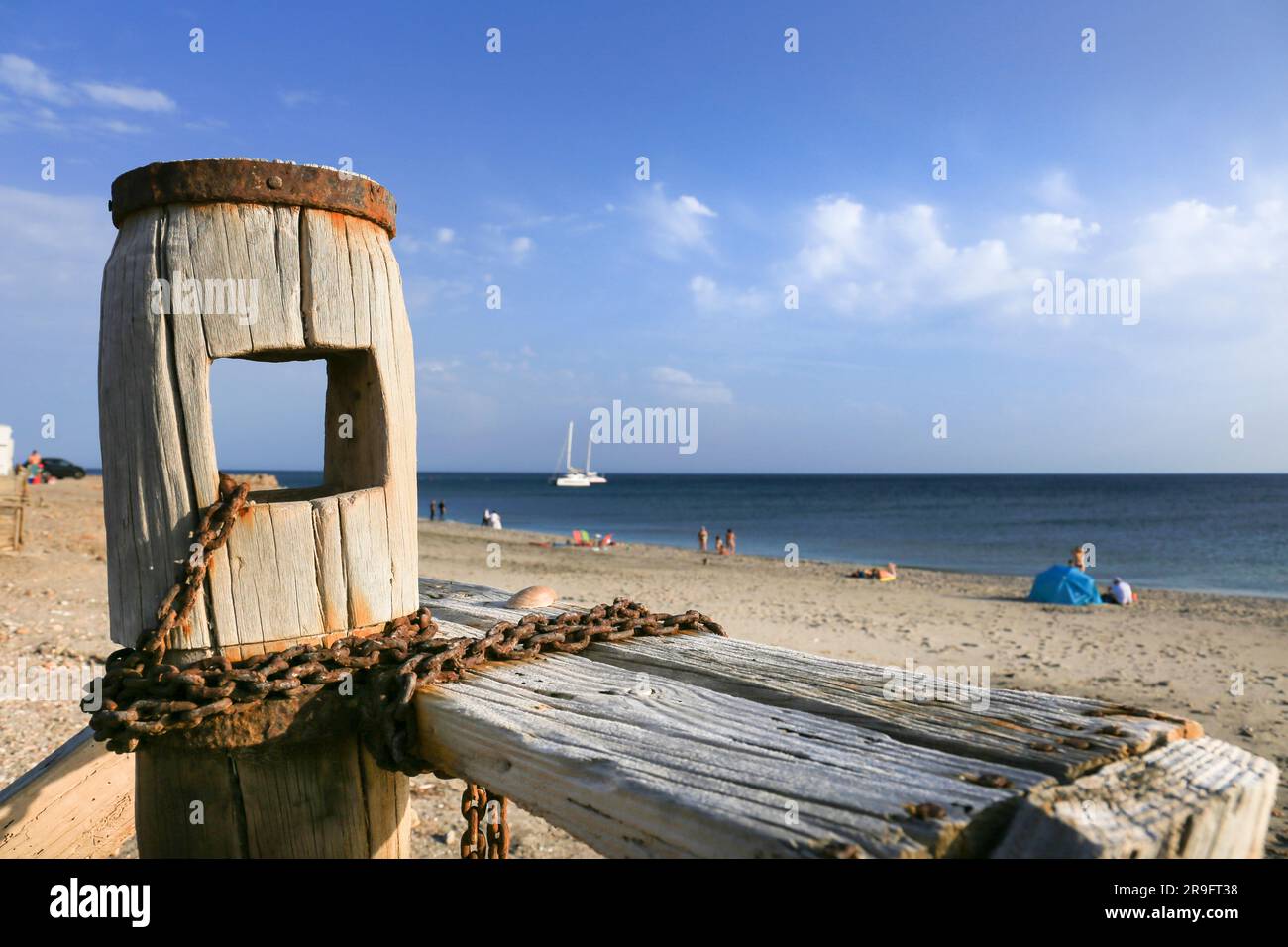 Old wooden boat winch at Las Salinas beach in Cabo de Gata-Nijar ...
