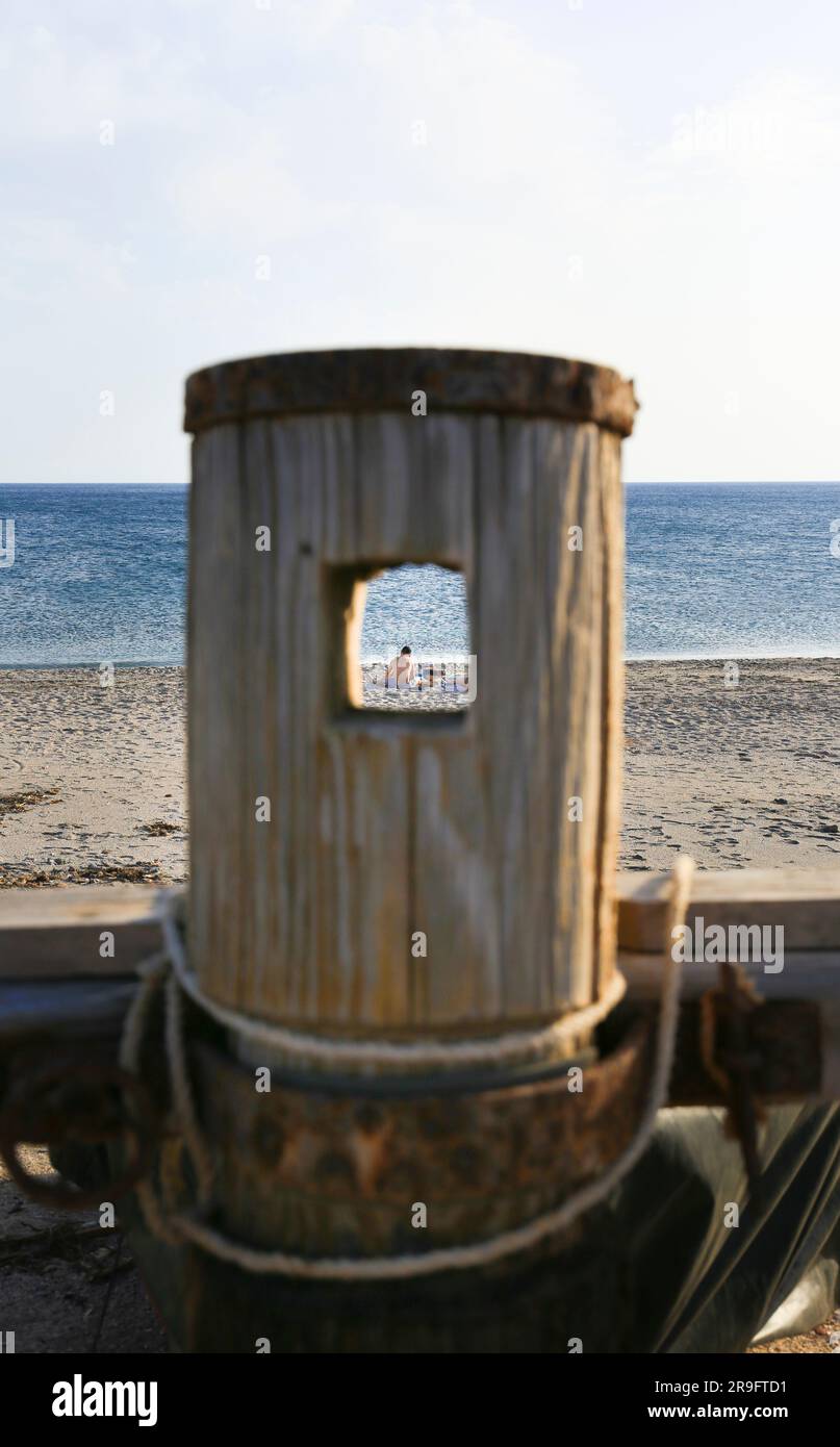 Old wooden boat winch at Las Salinas beach in Cabo de Gata-Nijar ...