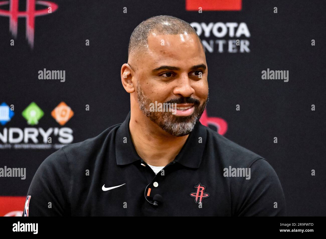 Houston Rockets head coach Ime Udoka speaks during an NBA basketball ...