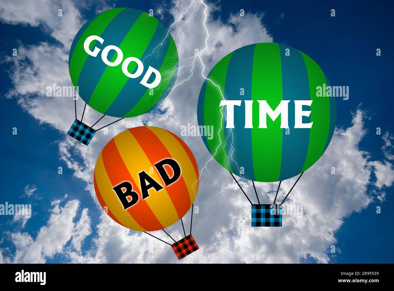 Hot air balloons with Good or bad time concept. Abstract background. 3d ...
