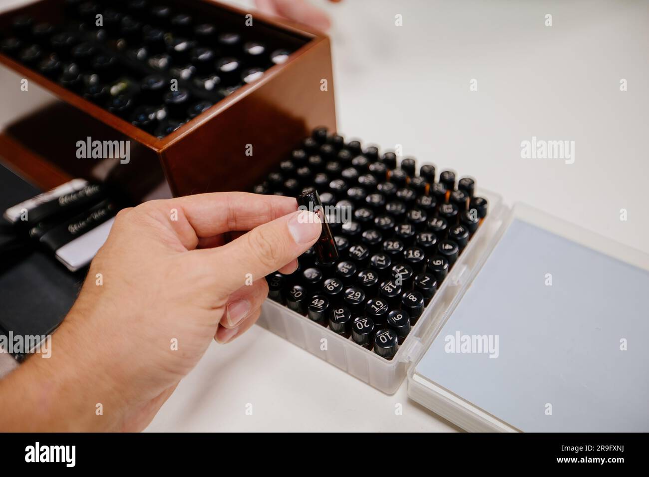 Hand holding aroma sample from sample kit box Stock Photo - Alamy