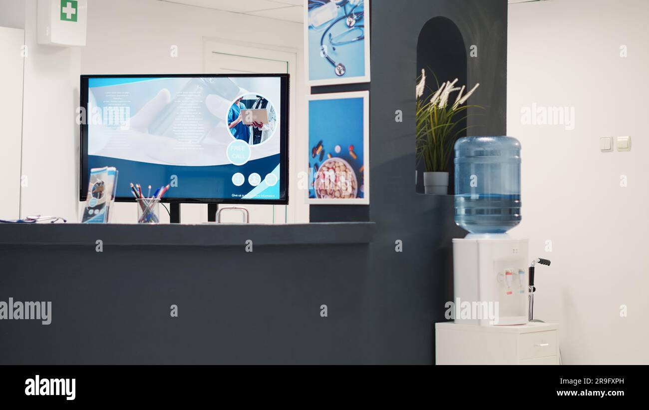 Clinic reception desk and waiting area to attend medical exam ...