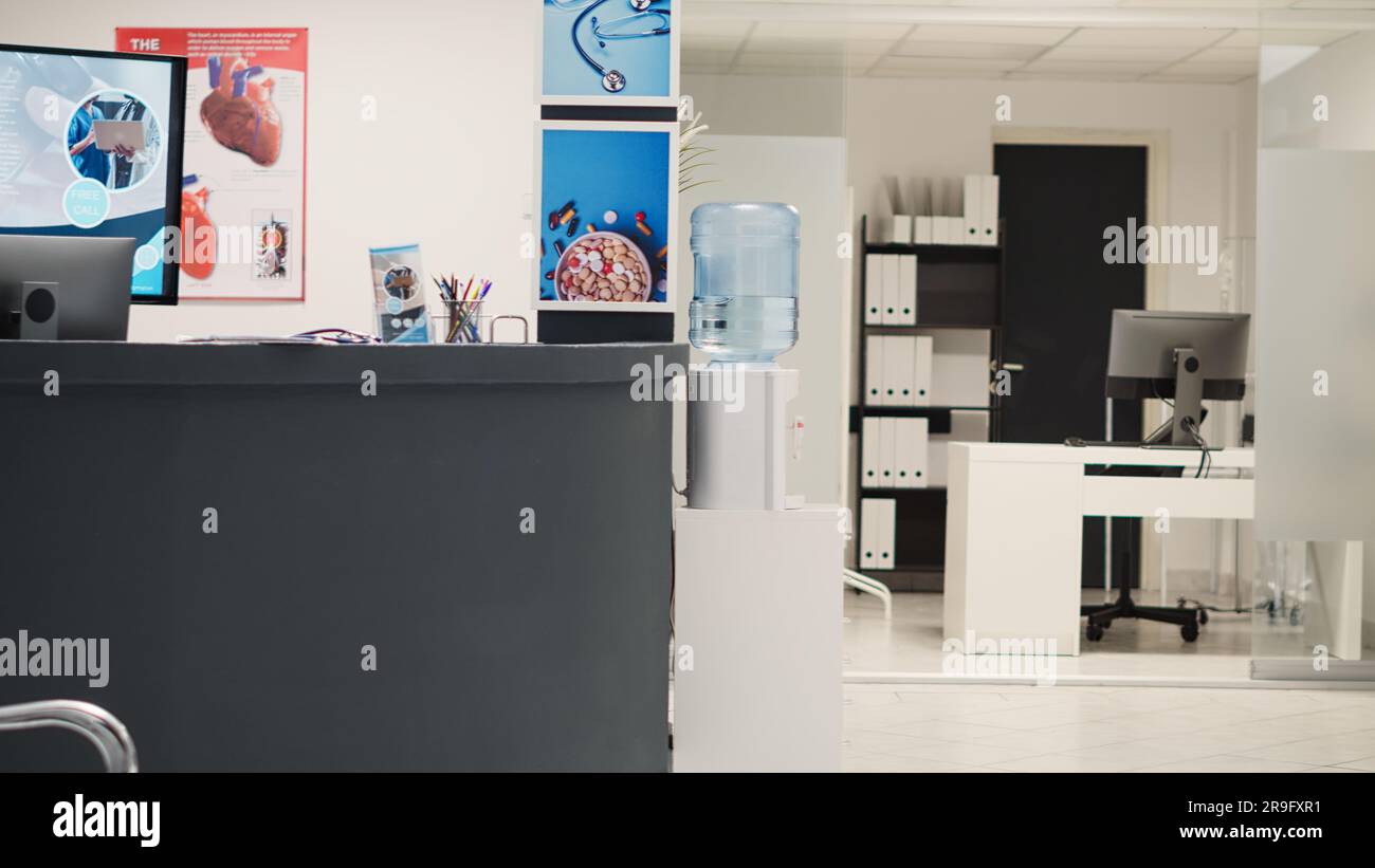 Reception front desk for appointments at medical clinic, waiting room ...