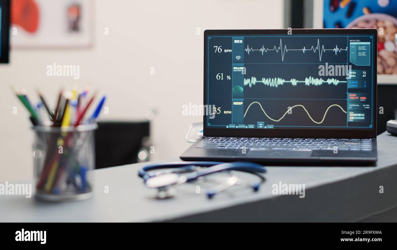 Heart rate monitor on laptop in lobby, running heartbeat and pulse ...