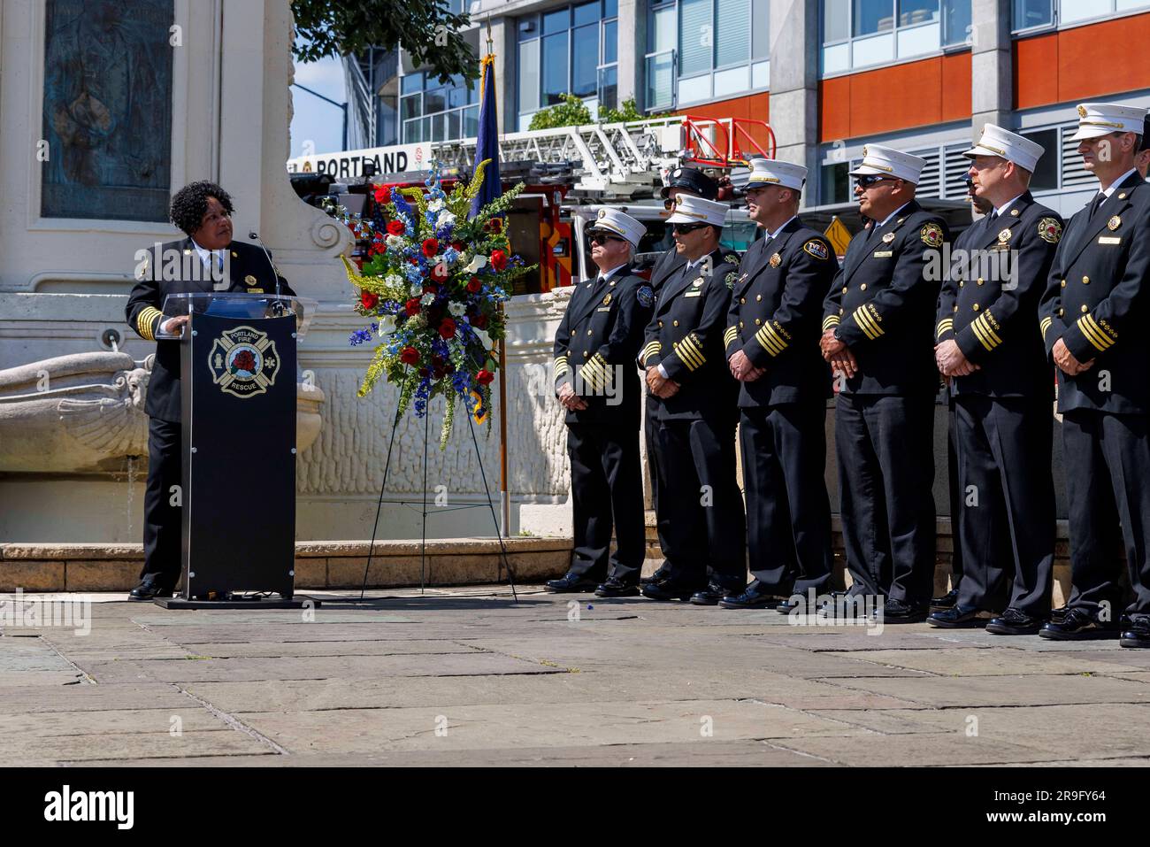 Portland, USA. 26th June, 2023. Fire Chief Sara Boone addresses the ...