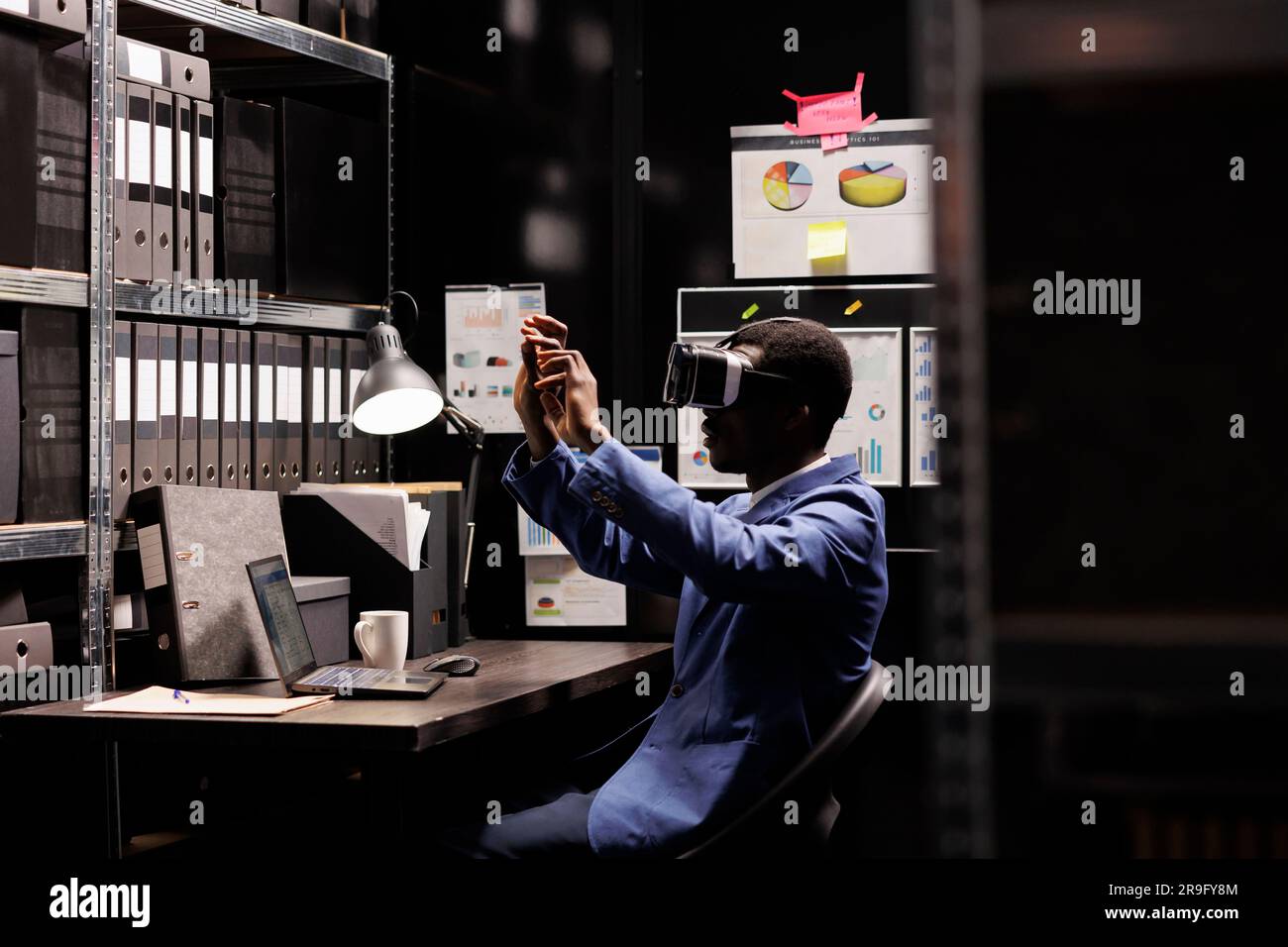Private detective wearing virtual reality headset, using goggles for ...