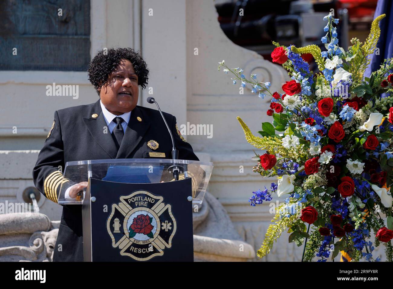 Portland, USA. 26th June, 2023. Fire Chief Sara Boone addresses the ...