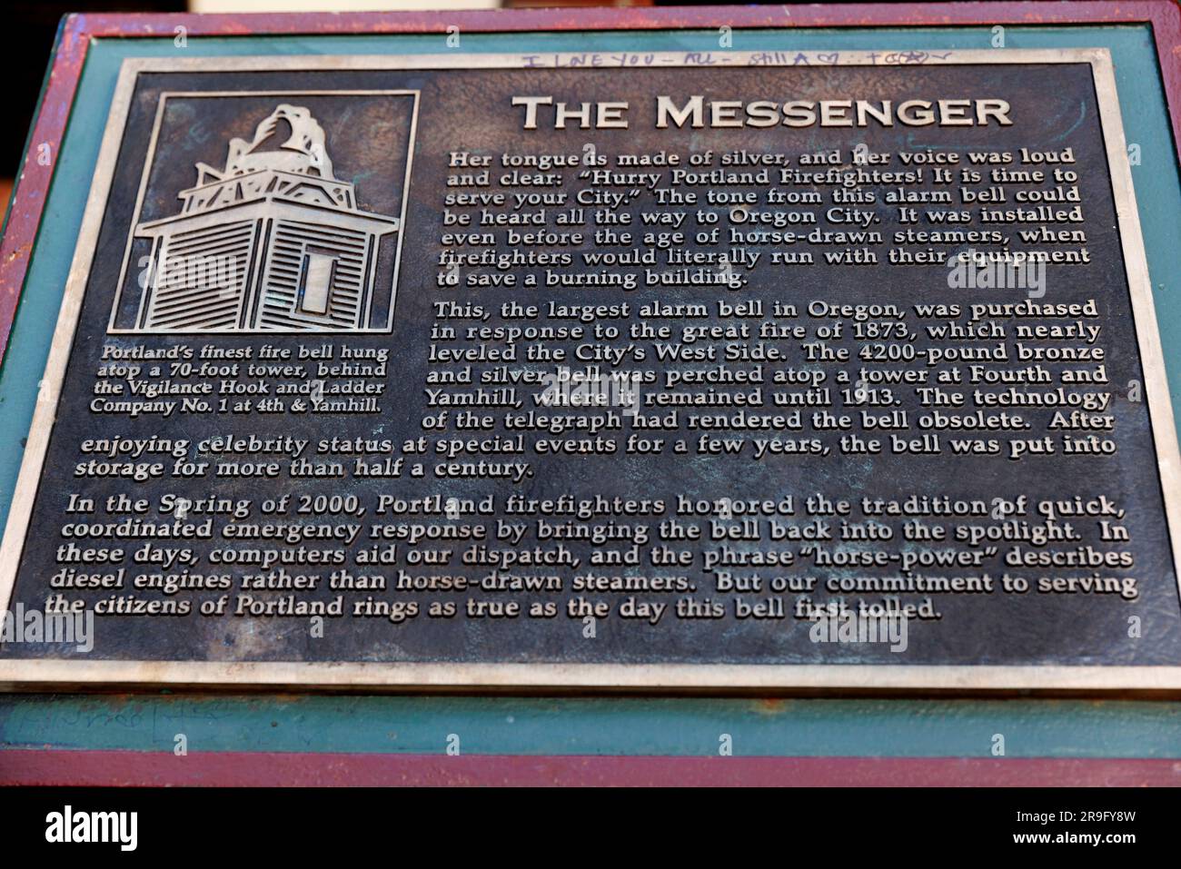 Portland, USA. 26th June, 2023. A plaque describes the Messenger Bell ...