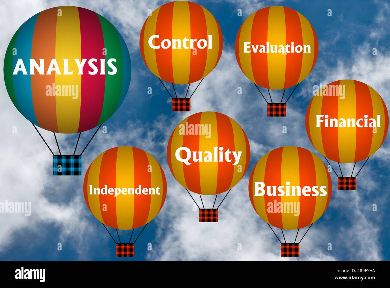 Hot air balloons with ANALYSIS concept. Abstract background, Thinking ...